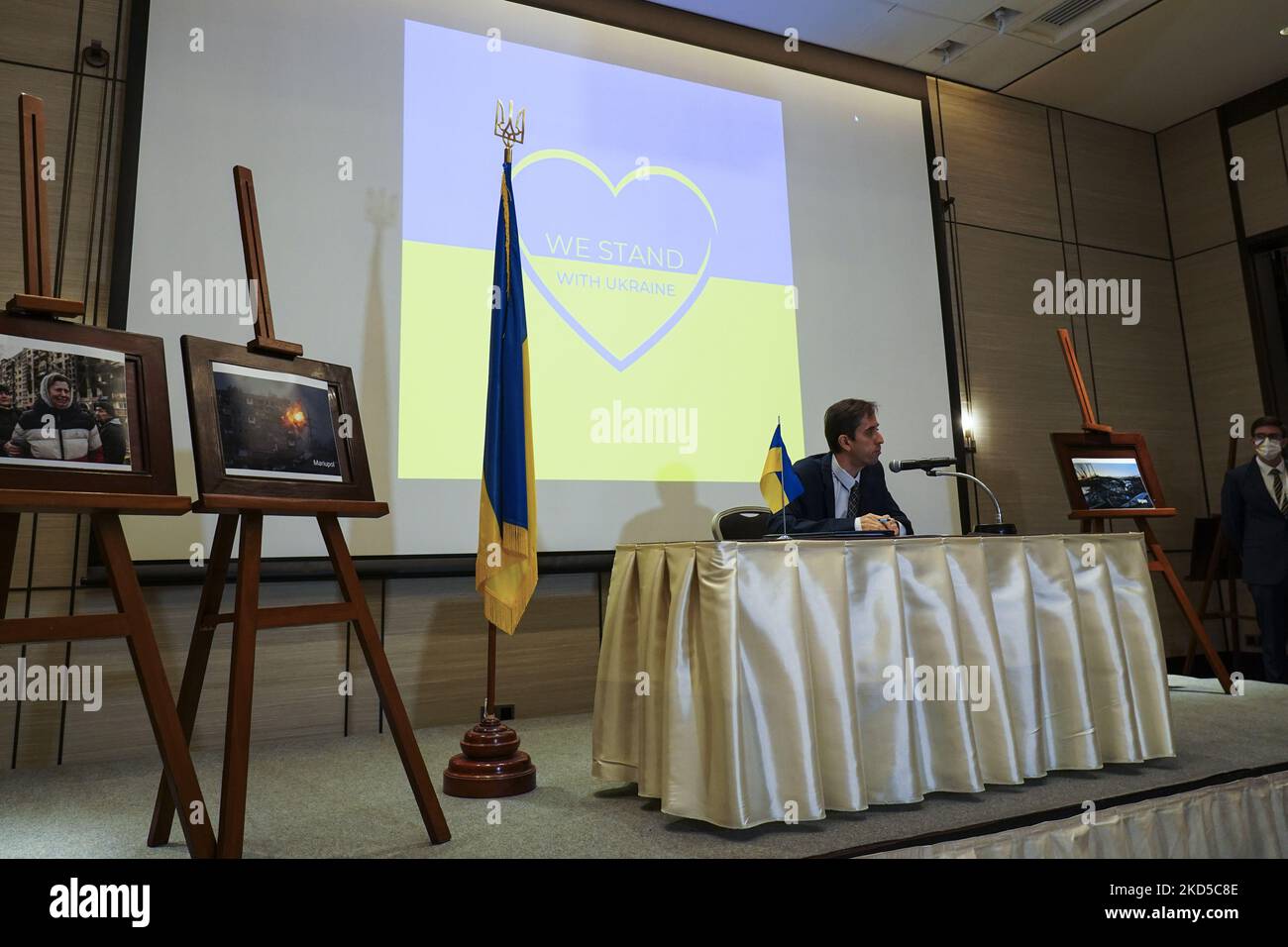 Ukrainian Charge d’Affaires Oleksandr Lysak addresses a press ...