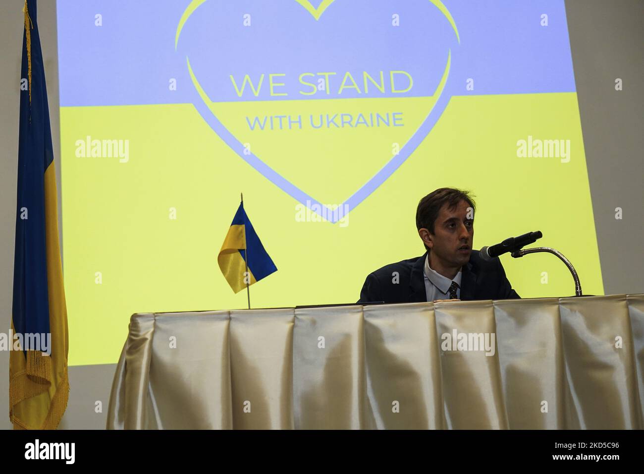 Ukrainian Charge d’Affaires Oleksandr Lysak addresses a press ...