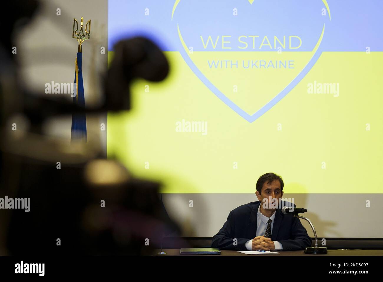 Ukrainian Charge d’Affaires Oleksandr Lysak addresses a press ...