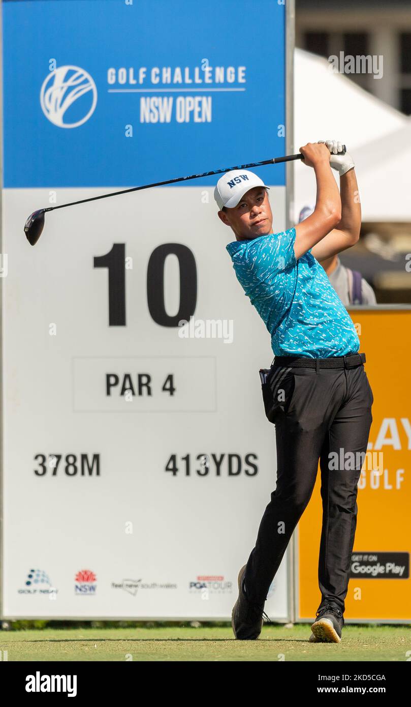 Jeffrey Guan (A) of Australia plays his tee shot on the 10th hole ...