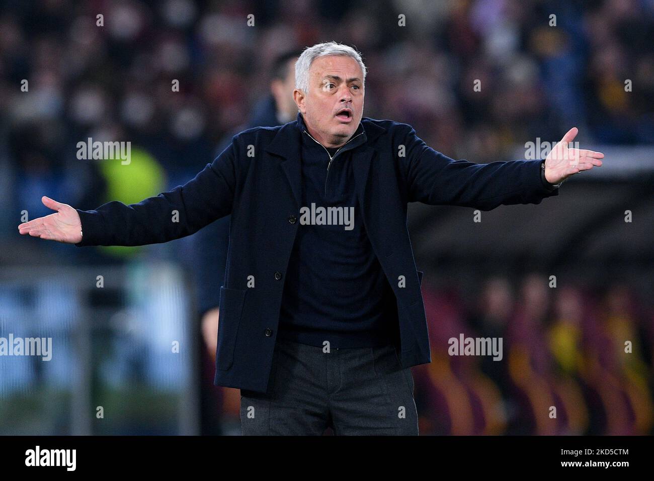 Jose’ Mourinho manager of AS Roma gestures during the UEFA Conference ...