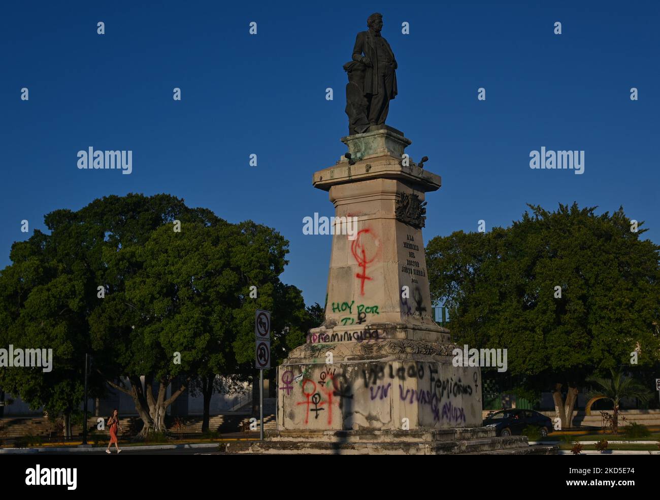 Monument to Justo Sierra covered with paintings and graffiti related to ...