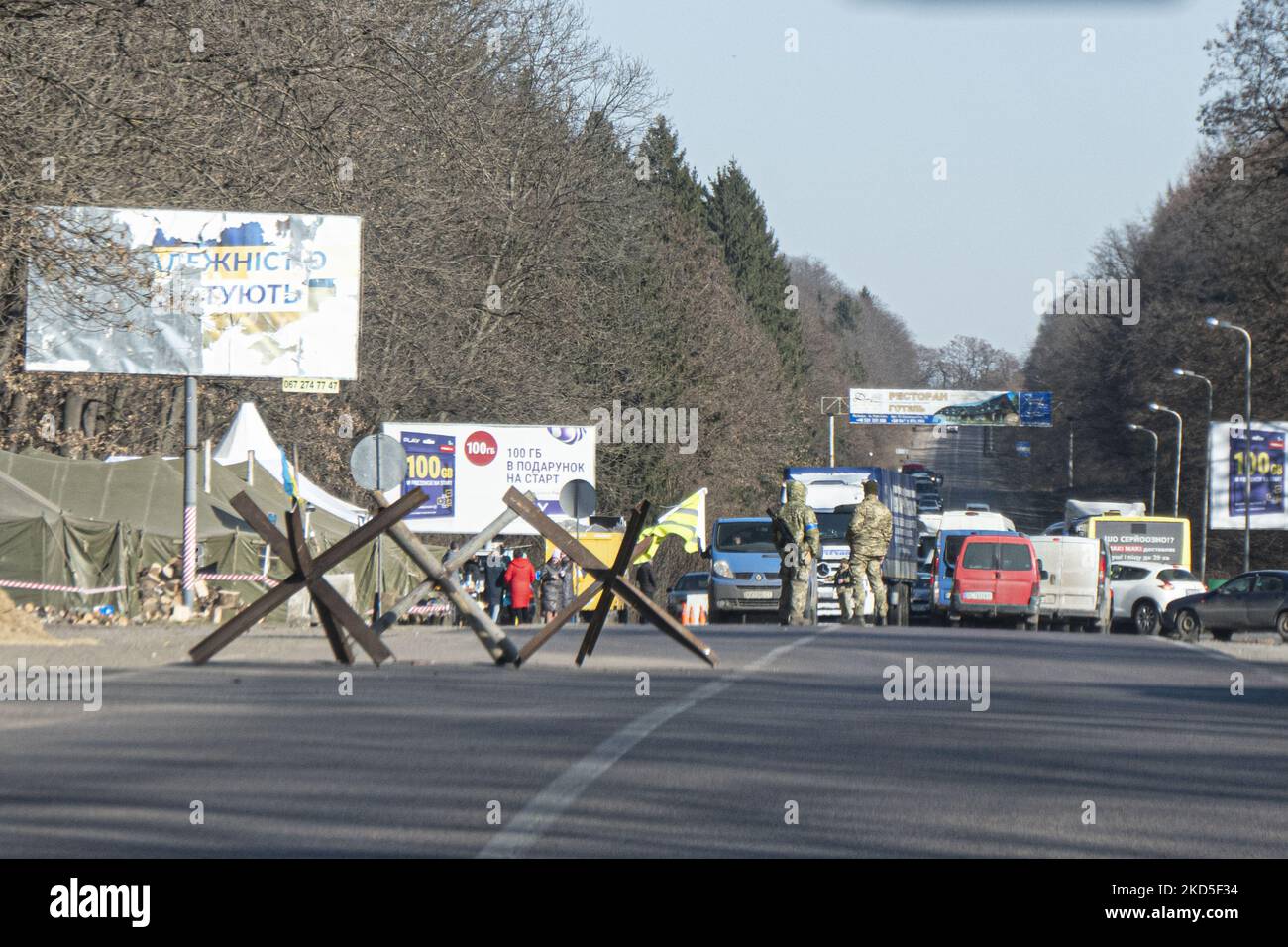 Military control checkpoint by Ukrainian armed forces on the road ...