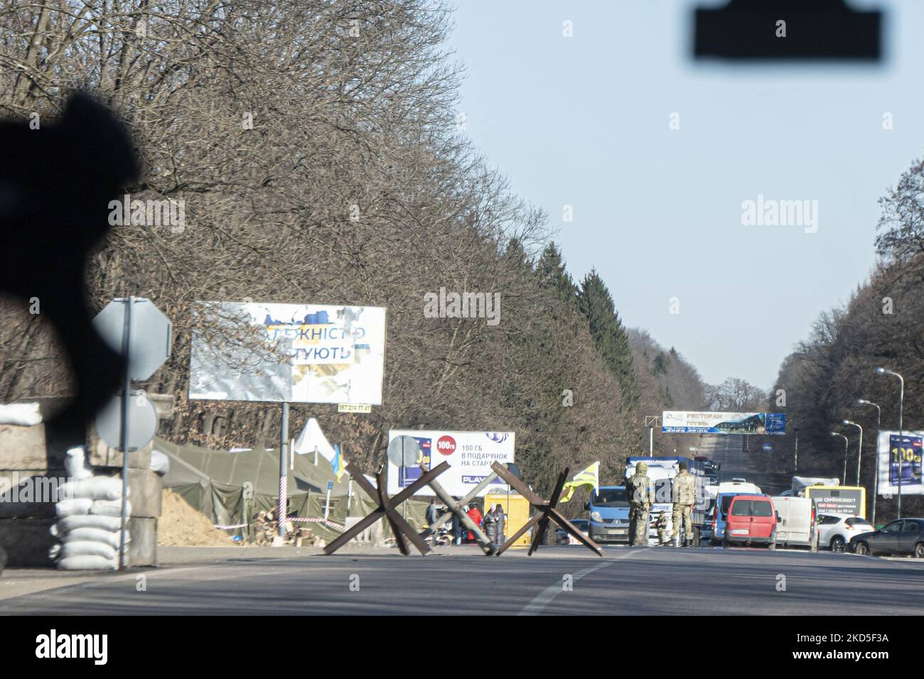 Military control checkpoint by Ukrainian armed forces on the road ...