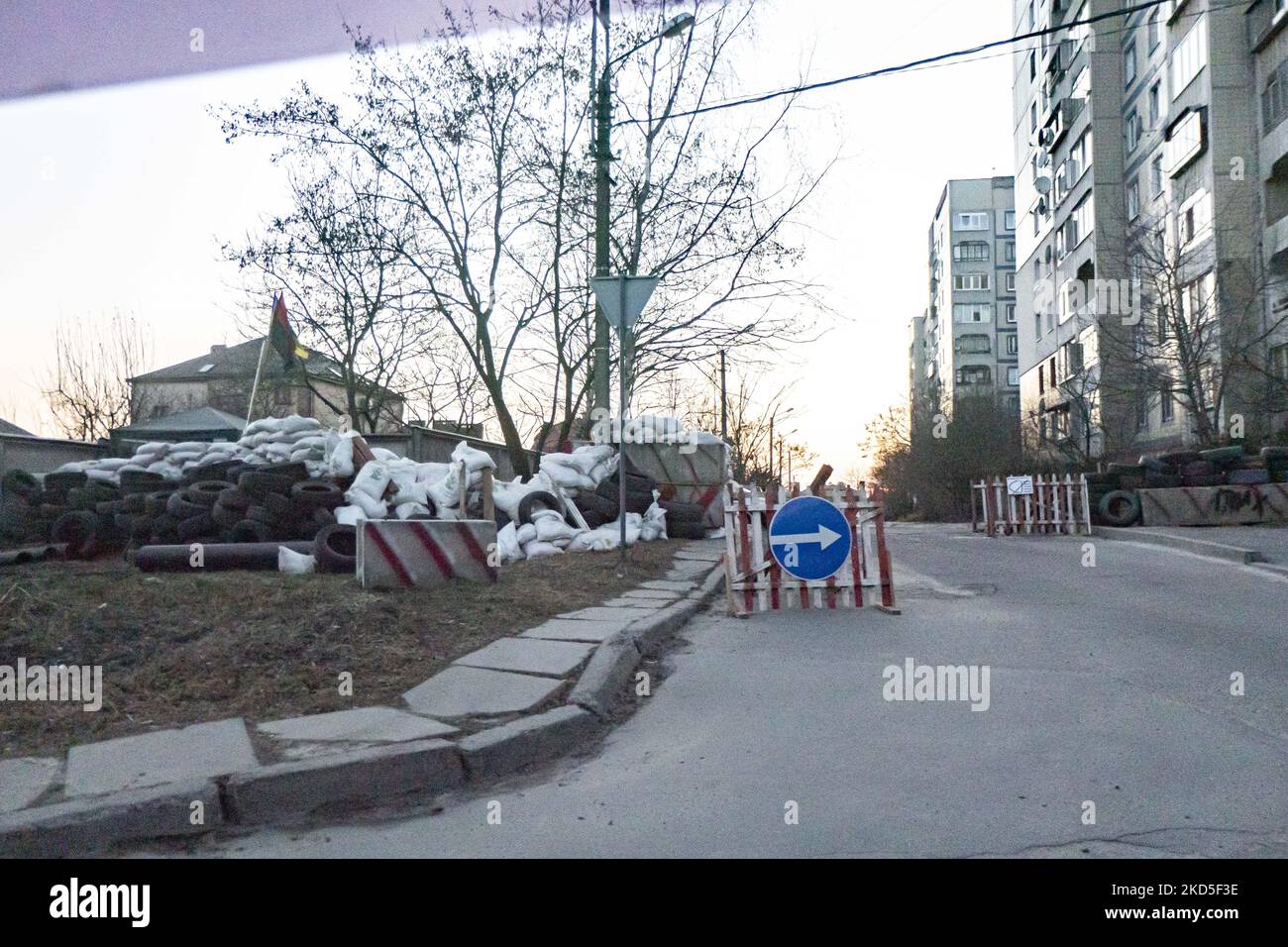 Barricade with a checkpoint in the city of Lviv. Defend anti-tank ...