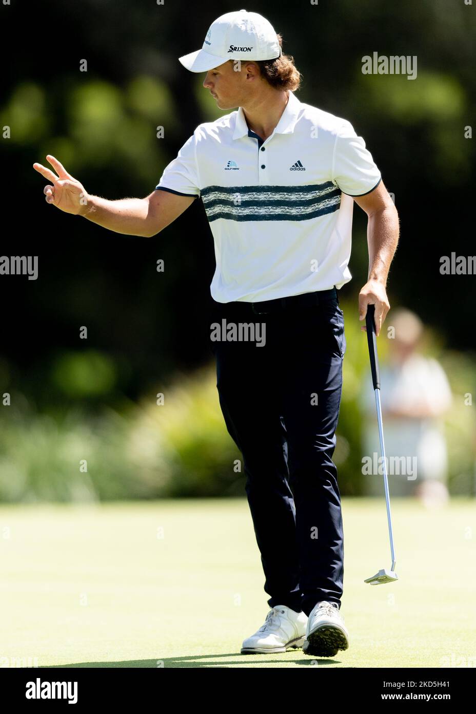 Harrison Crowe (A) of Australia reacts after his putt the 2nd green ...