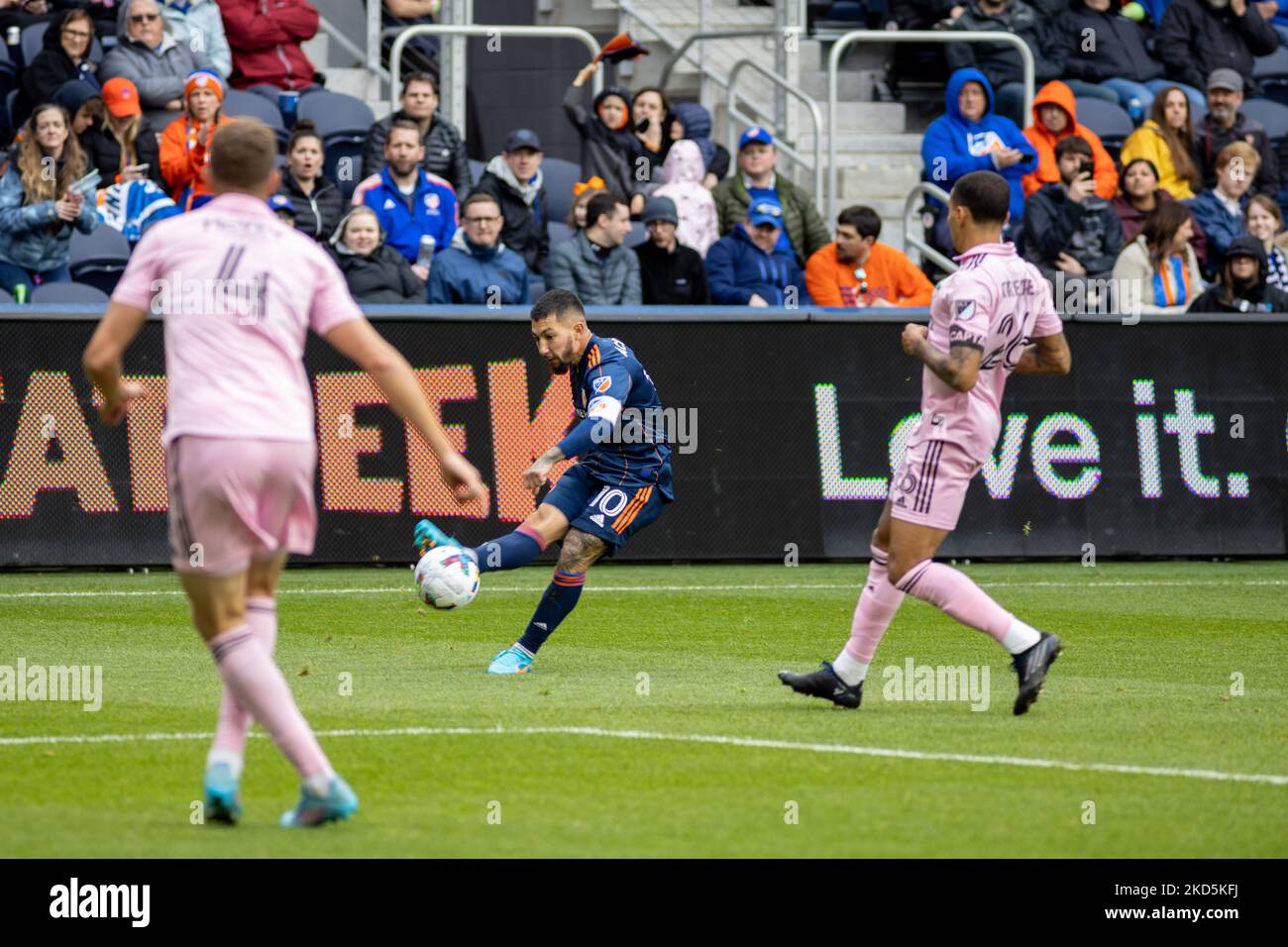FC Cincinnati midfielder Luciano Acosta moves the ball upfield during a ...