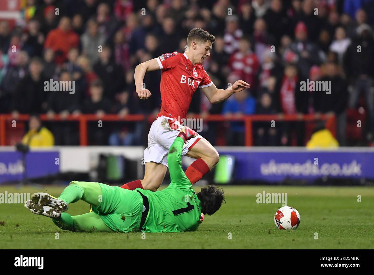 Ryan Yates of Nottingham Forest attempts to score past Alisson Becker ...