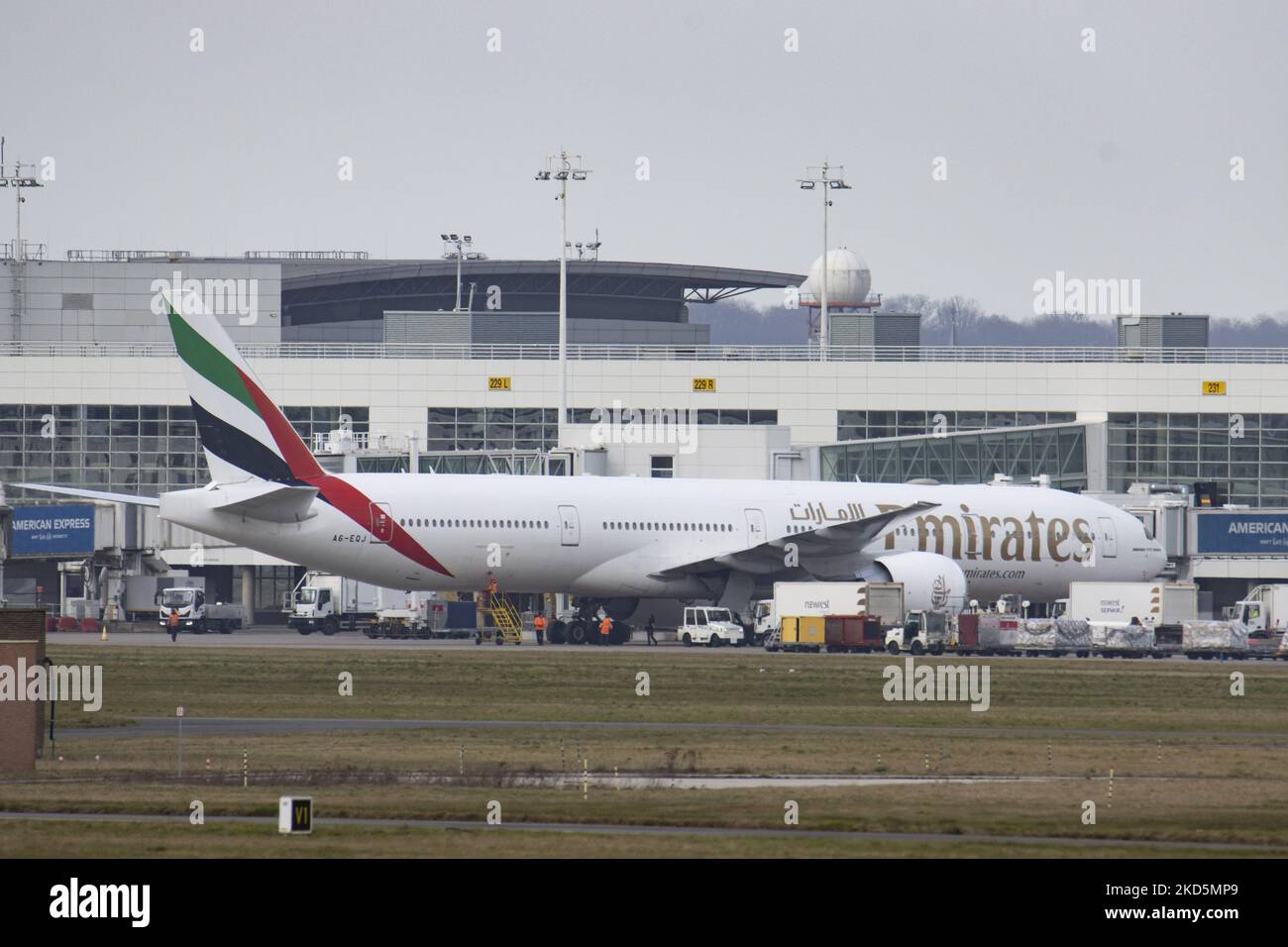 Emirates Boeing 777 aircraft as seen flying and landing on the runway ...