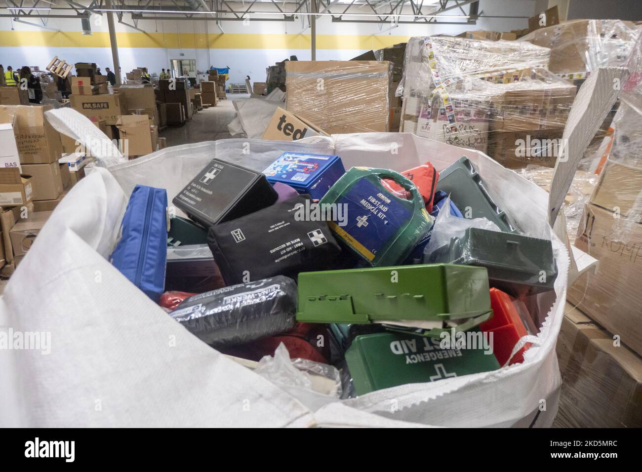 First Aid Kits in the warehouse - logistics facility. Temporary ...