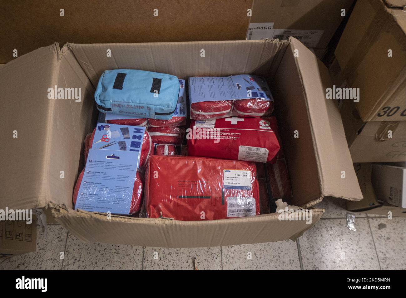 First Aid Kits in the warehouse - logistics facility. Temporary ...