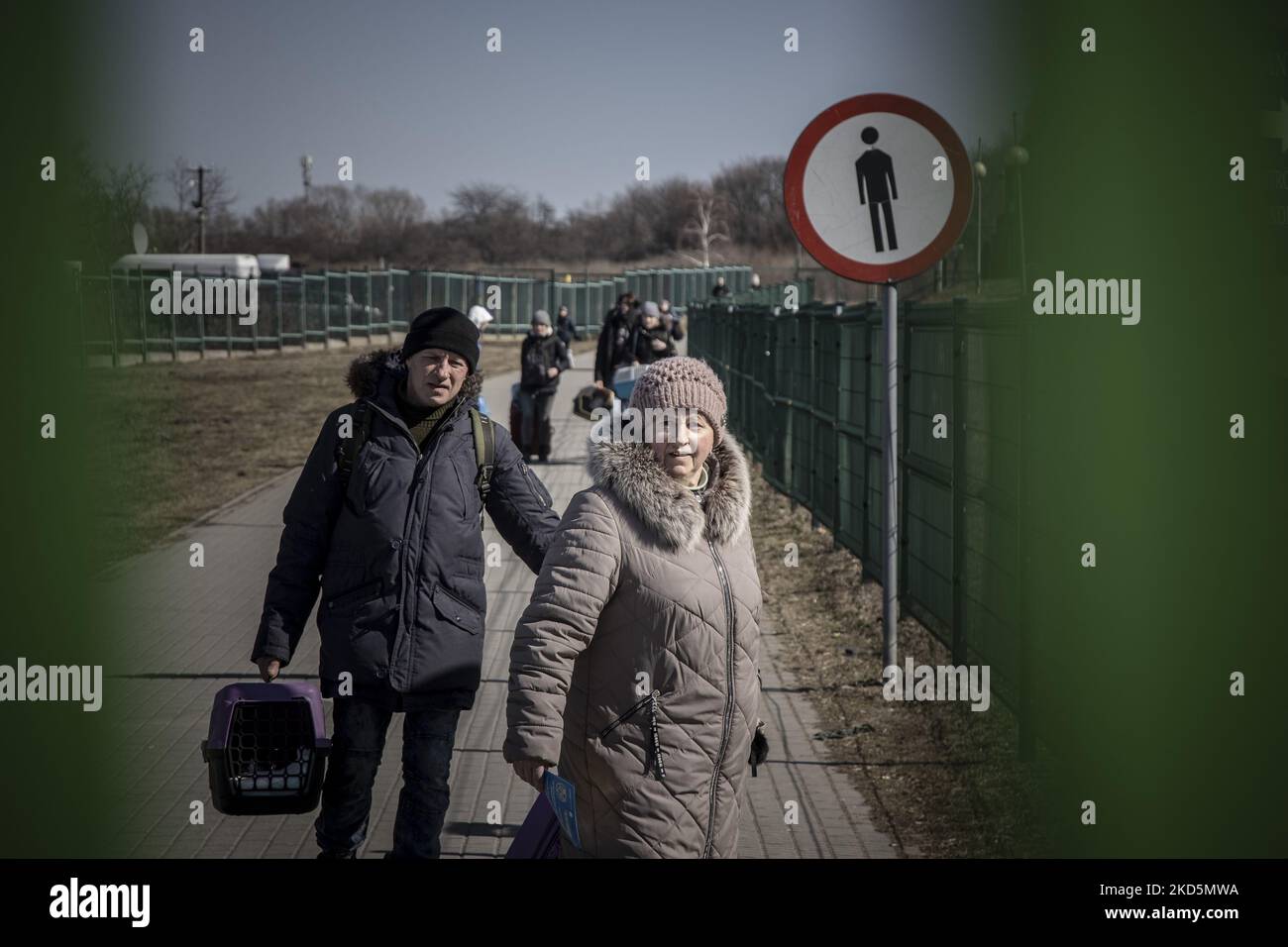 Civilian refugees with pets just crossed the borders and arrive on foot ...