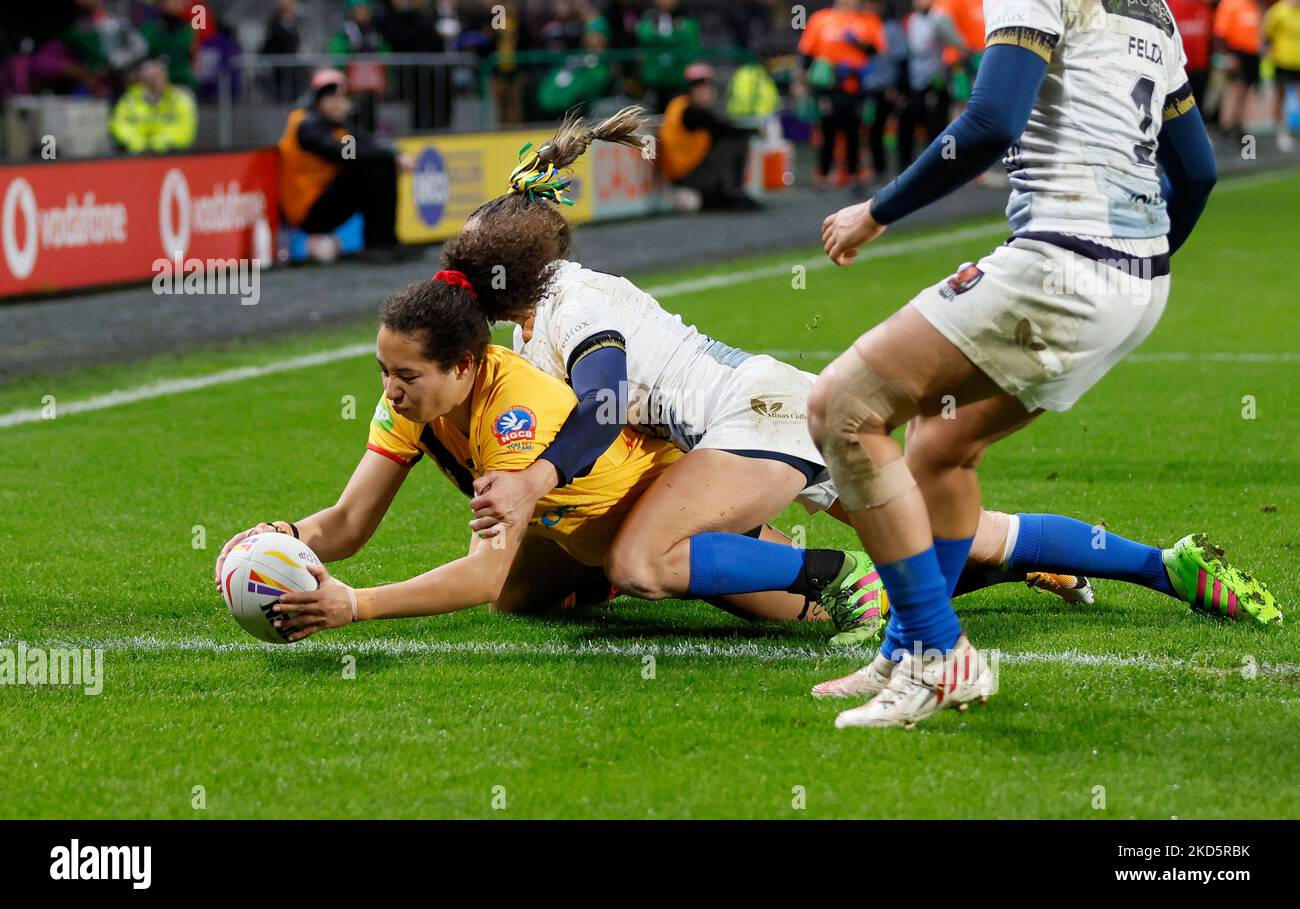 Papua New Guinea's Tara Moxon scores during the Women's Rugby League ...