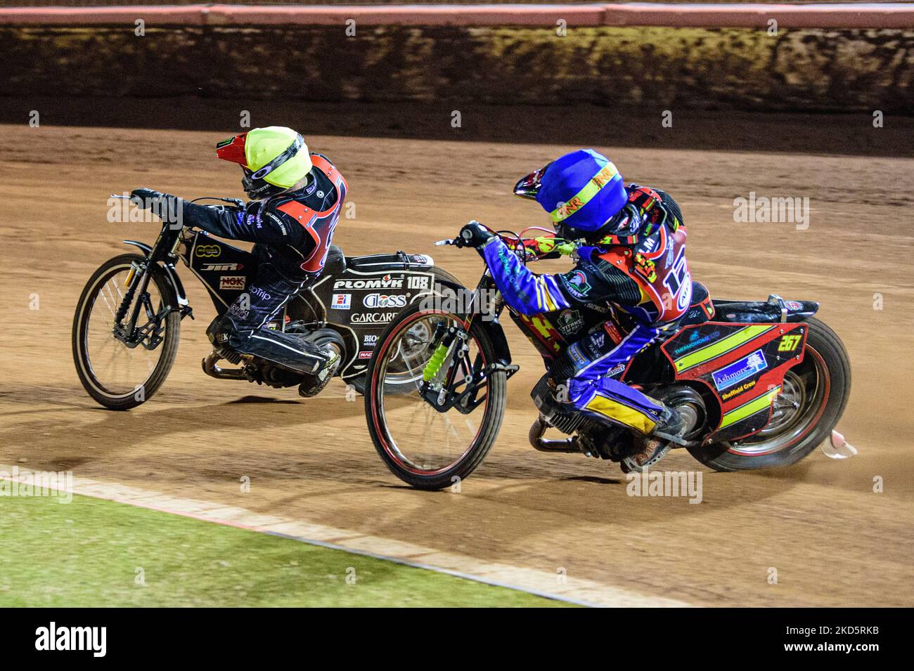 Michael Palm-Toft (Blue) chases Tai Woffinden (Yellow)during the ATPI ...