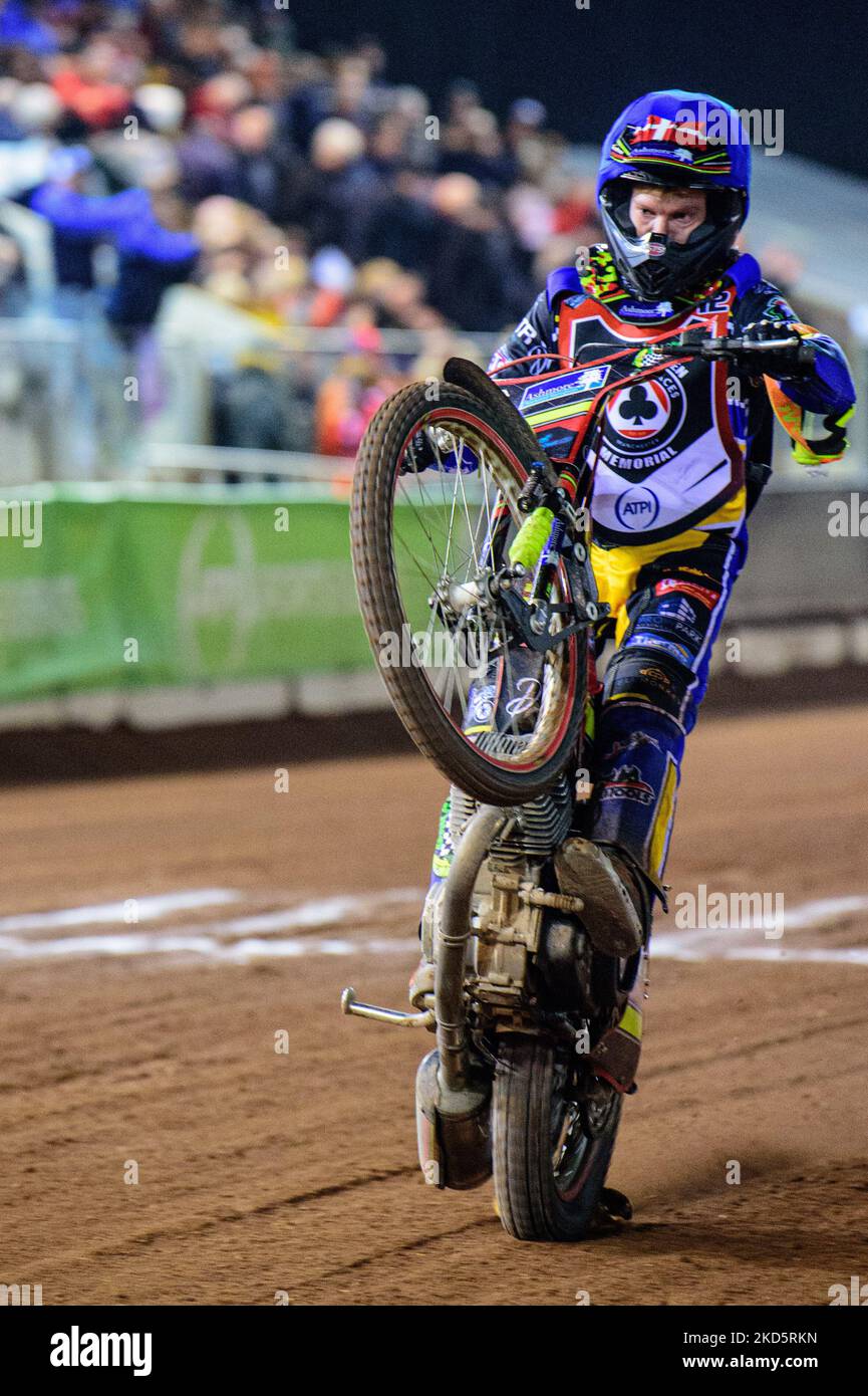 Michael Palm-Toft celebrates with a wheelie after winning the Petr ...