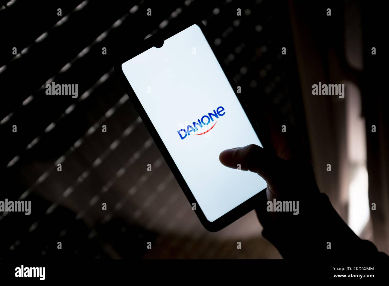 In this photo illustration a Danone logo seen displayed on a smartphone ...