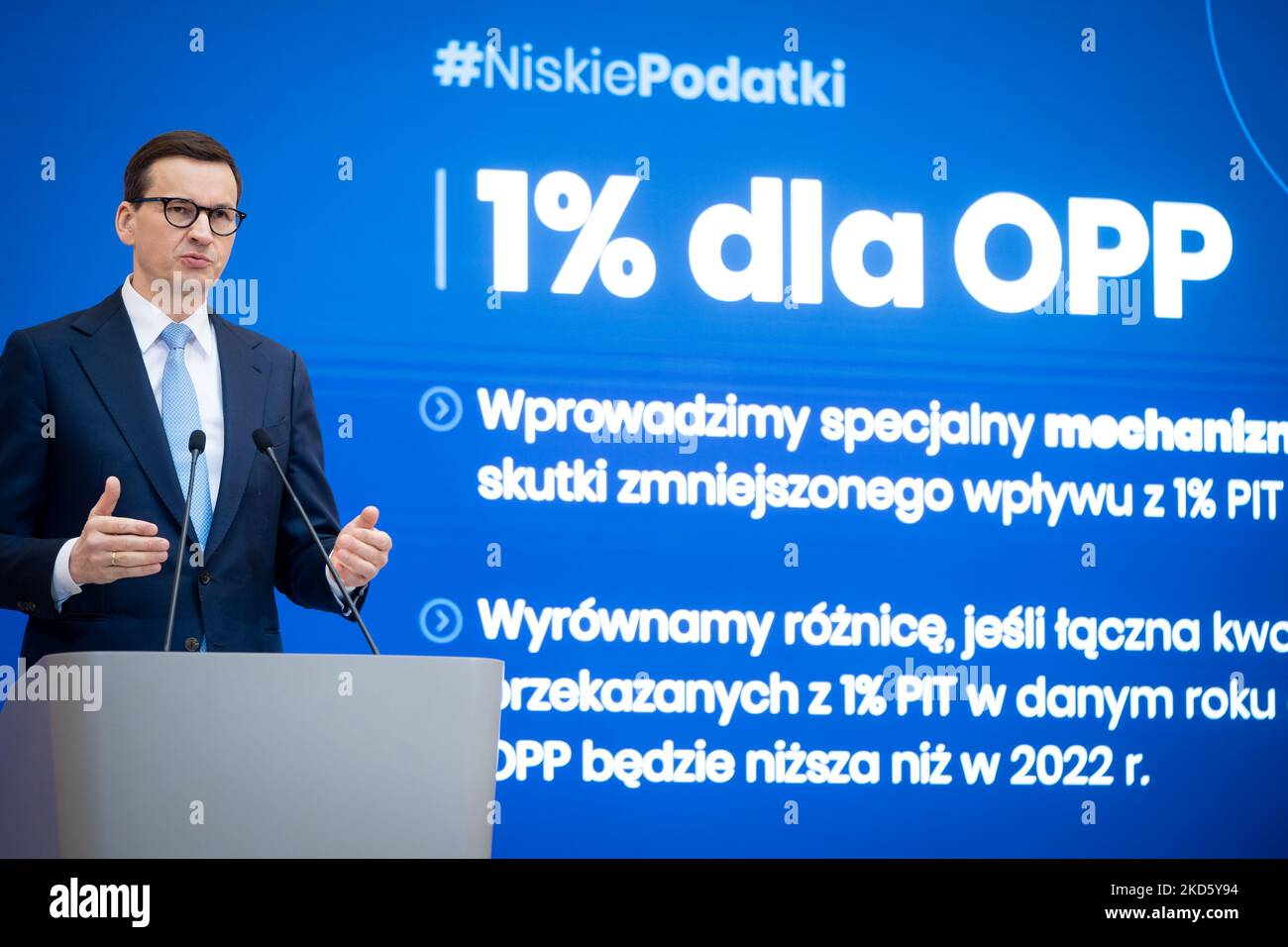 Polish Prime Minister Mateusz Morawiecki during a press conference in ...