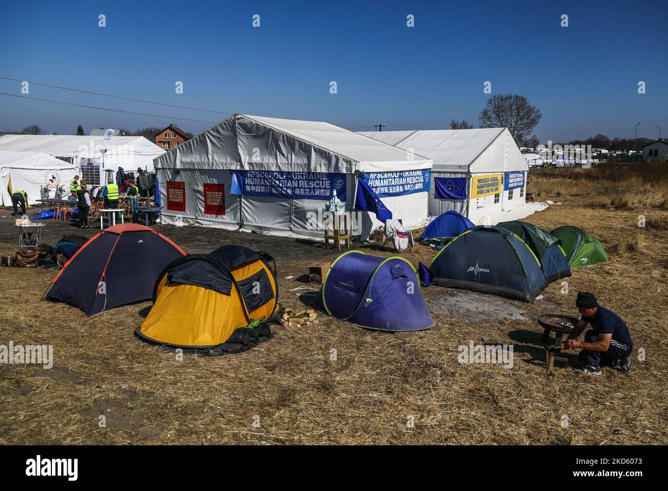 Aid tents are seen at Ukrainian-Polish border crossing while the ...