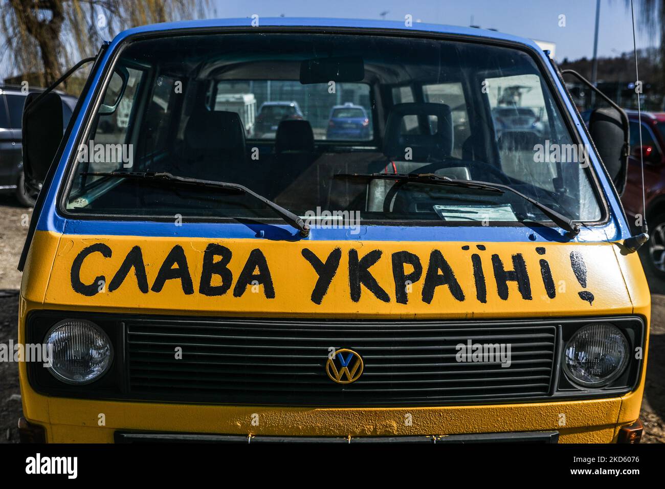 Volkswagen T3 van painted in Ukrainian flag colours is seen at ...