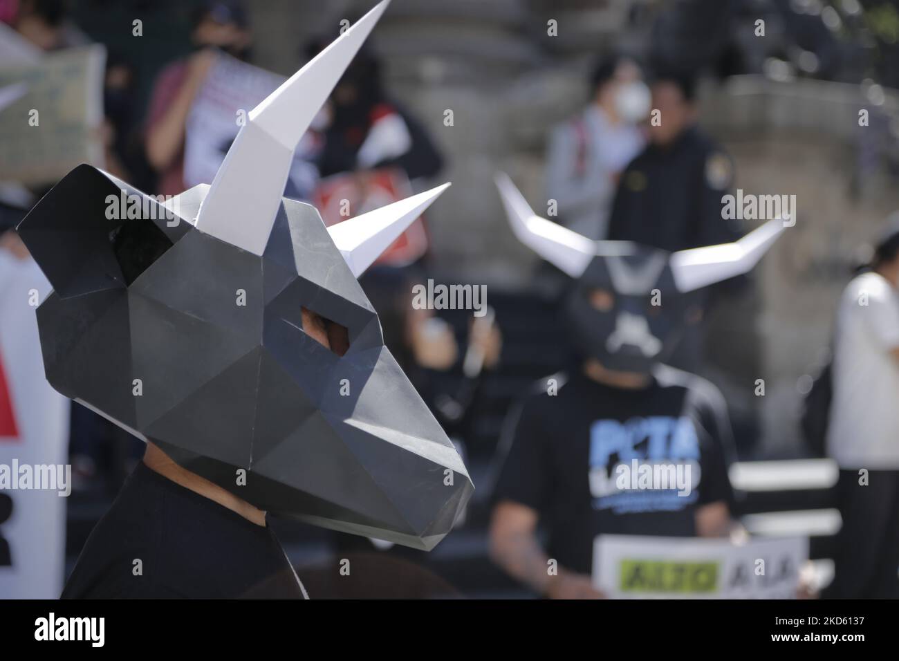 Protesters with bull mask on March 24, 2022. Members of the ...