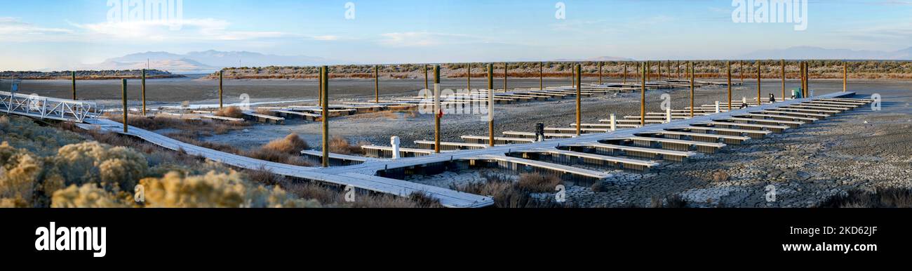 A panoramic shot of abandoned boat docks on Antelope Island at Dried Up ...