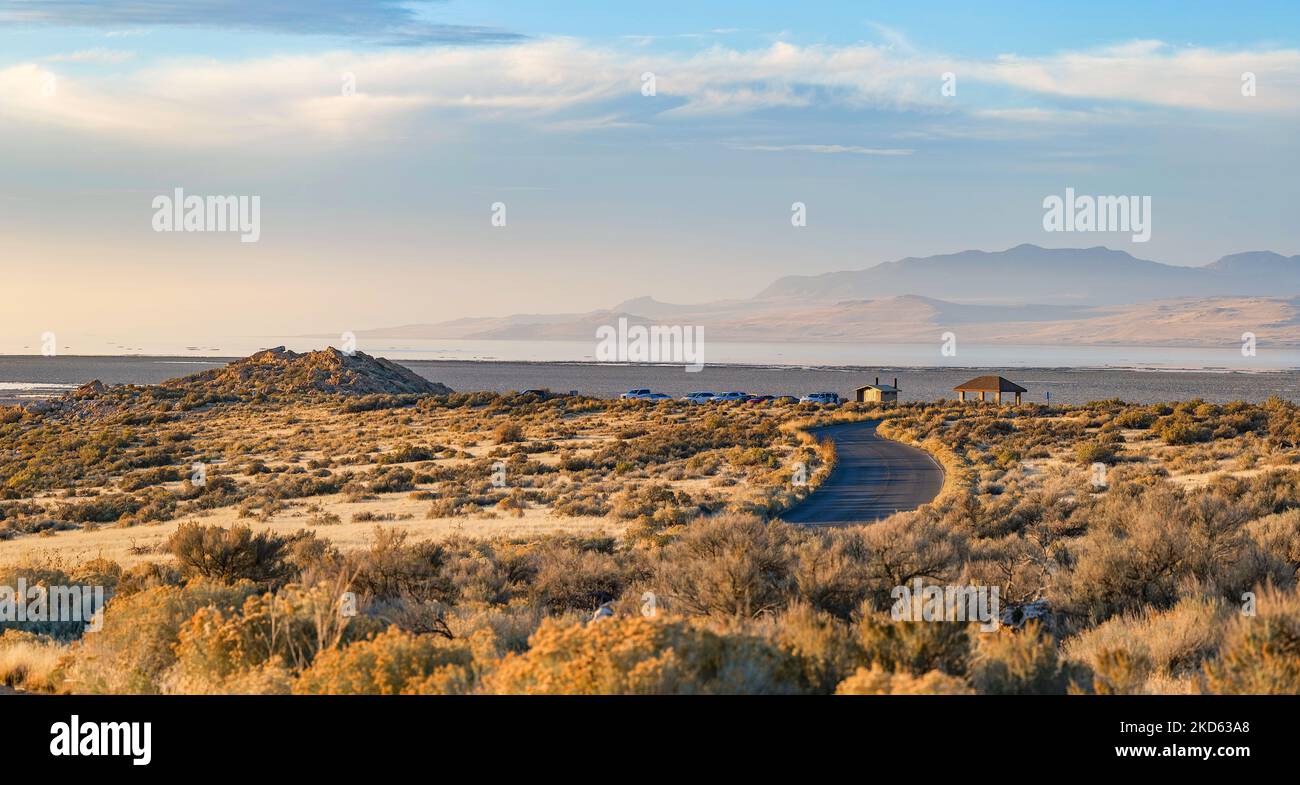 An aerial view of Great Salt Lake from Antelope Island Highway Stock ...