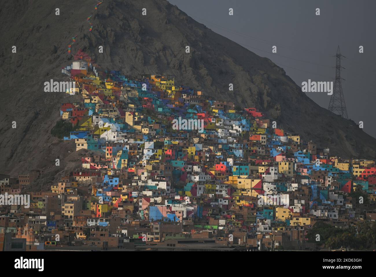 Painted houses on the San Cristobal hill in neighborhood of Leticia del ...