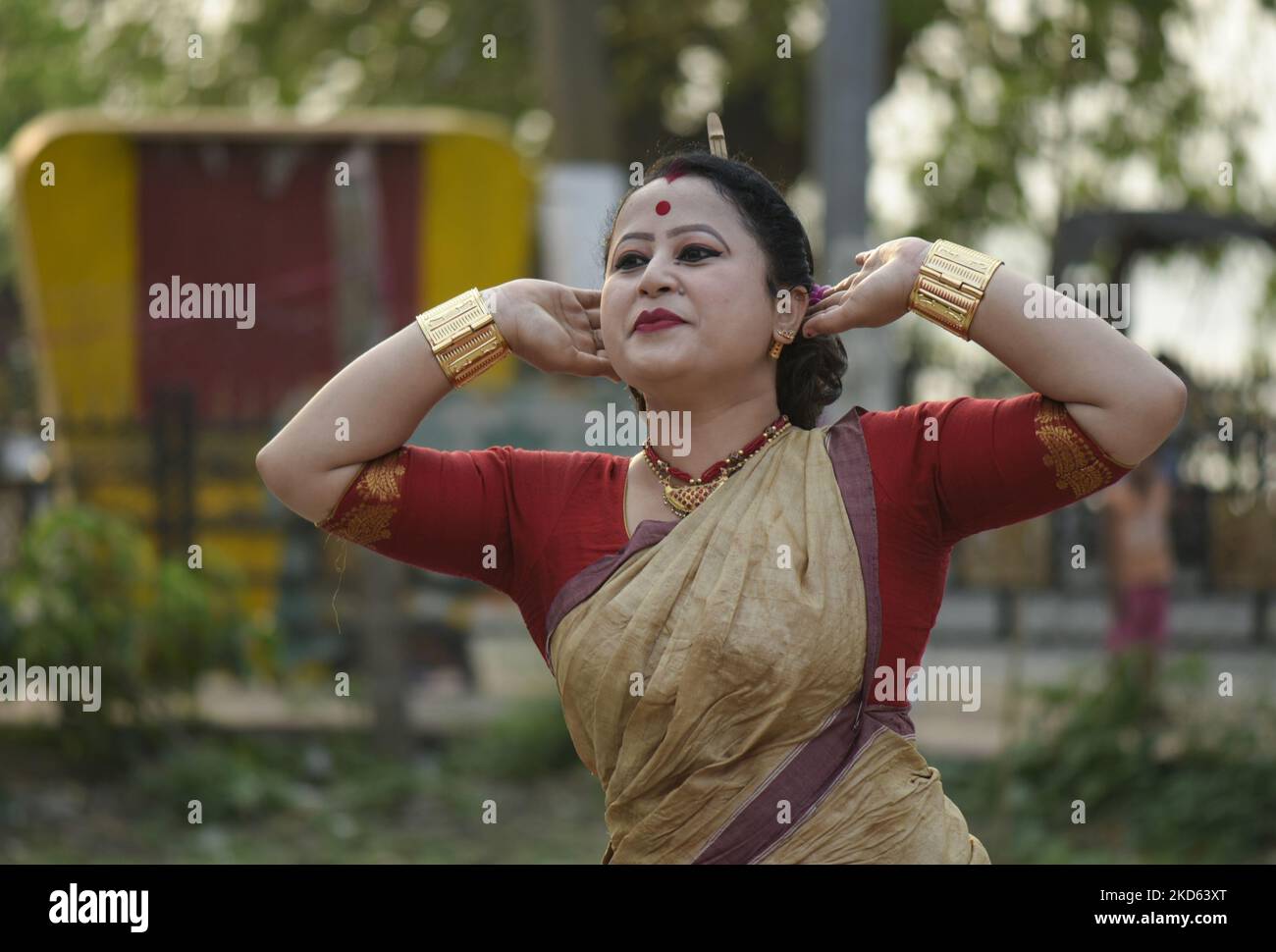 Women in traditional costume during a Bihu Dance workshop ahead of ...
