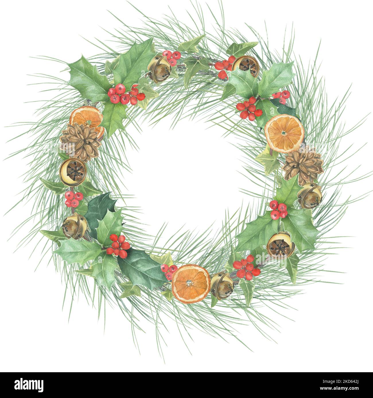 Christmas wreath of colorful plants and decorations painted in ...