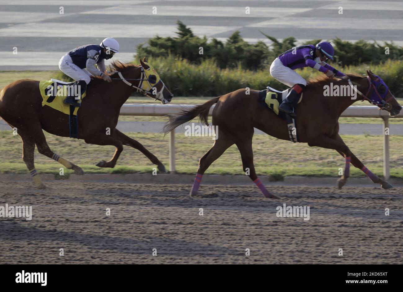 A pair of jockeys and horses during the race to commemorate the 79th ...