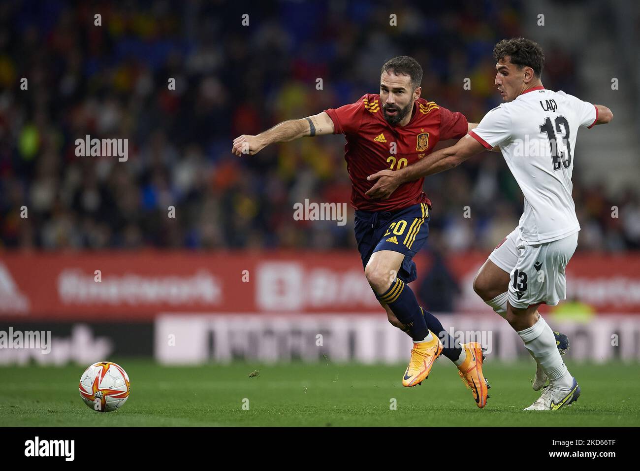 Daniel Carvajal (Real Madrid) of Spain and Qazim Laci (AC Ajaccio) of ...