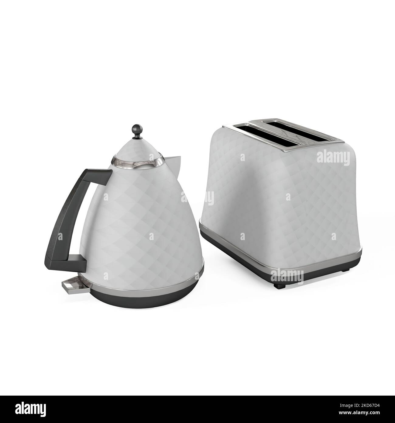 A white cushion-patterned tea kettle and toaster isolated on a white ...