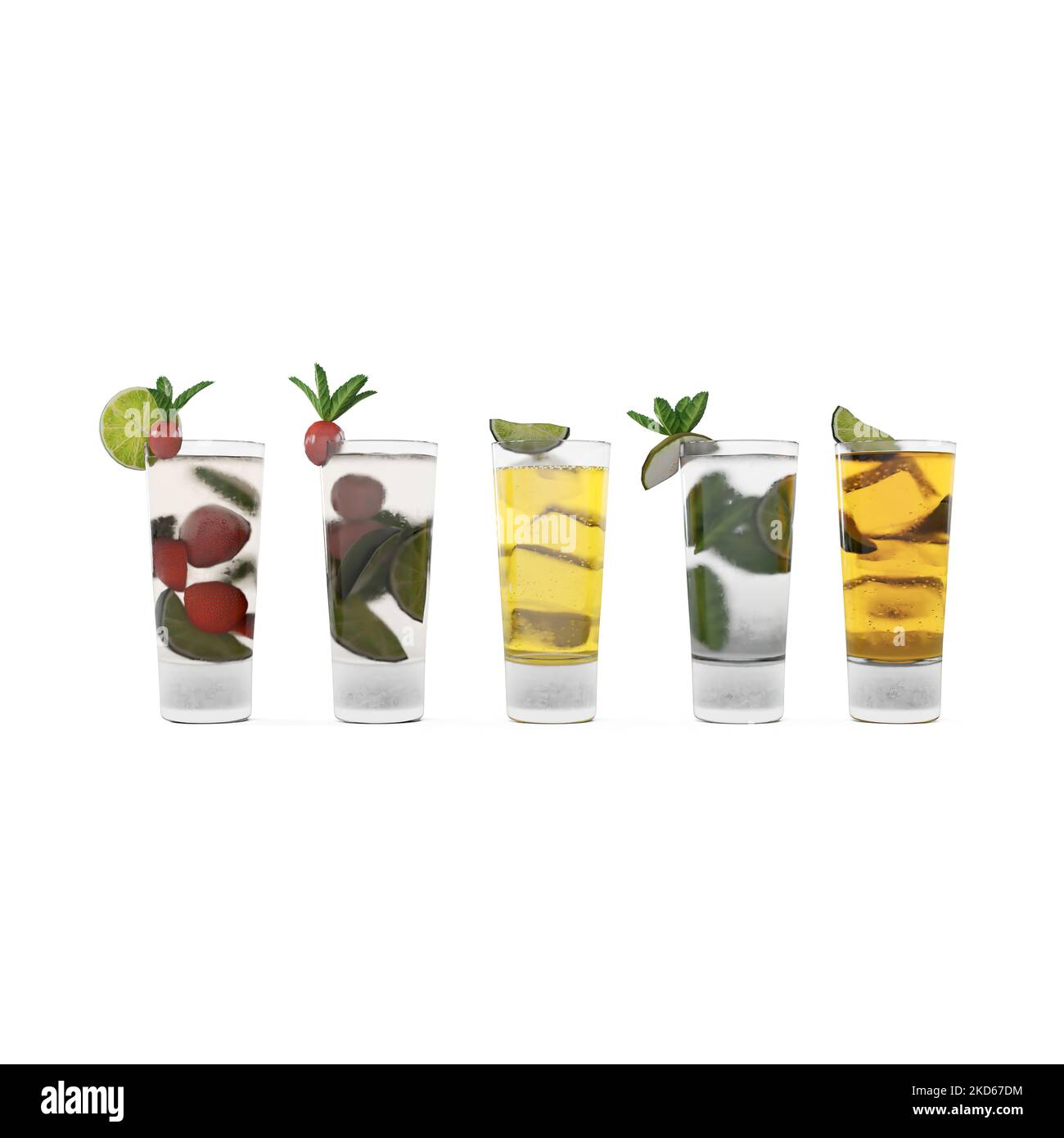 A row of fancy decorative fruity cocktails isolated on a white ...