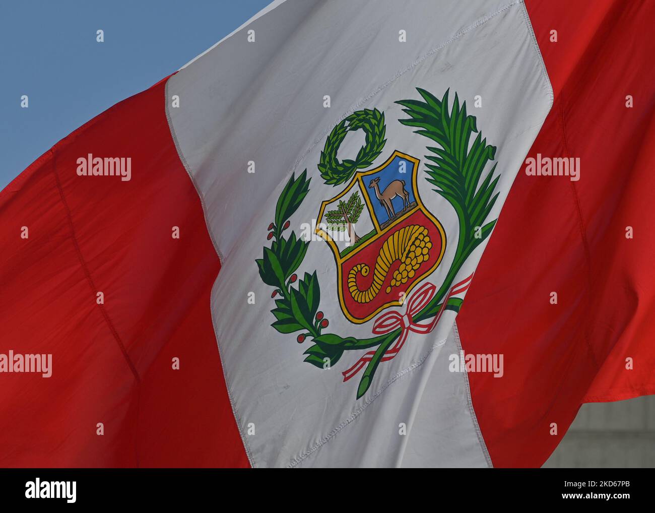 The flag of Peru seen in the Miraflores district of Lima. On Sunday, 27 ...
