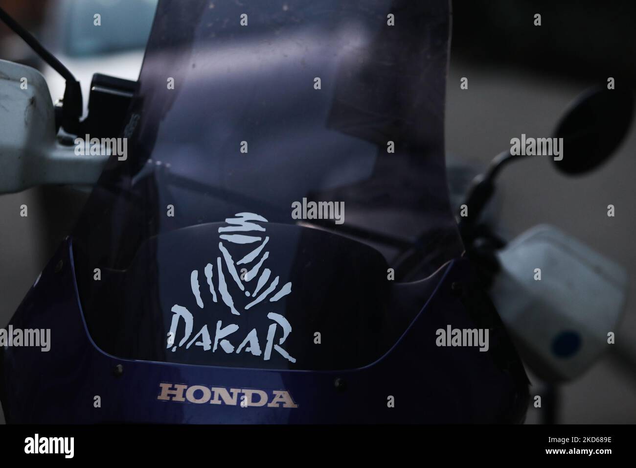 Dakar Rally logo is seen on a Honda motorcycle in Krakow, Poland on ...