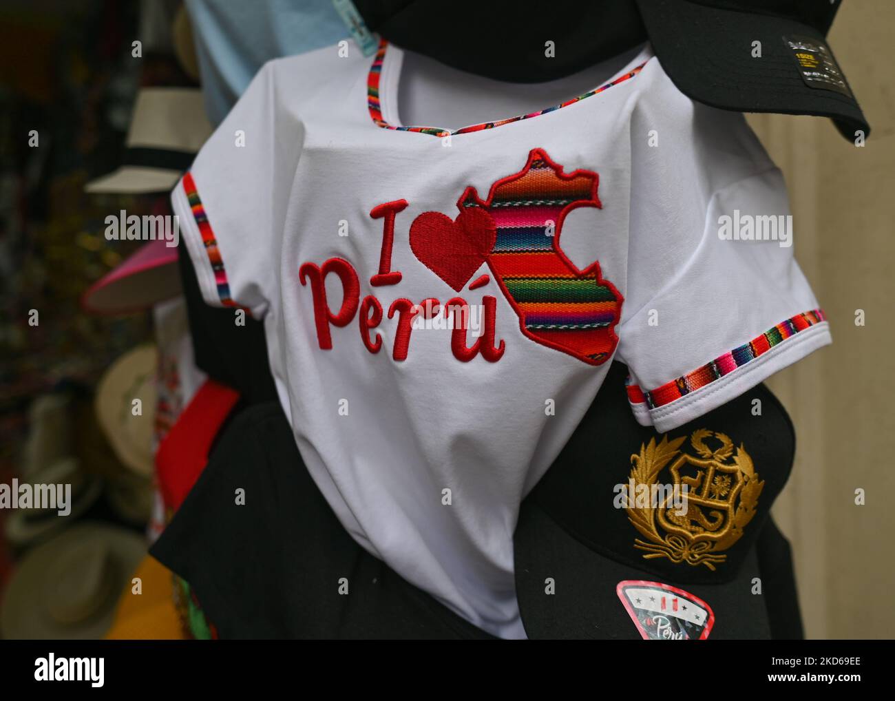 I Love Peru t-shirt seen in a shop with souvenirs in Lima city center ...