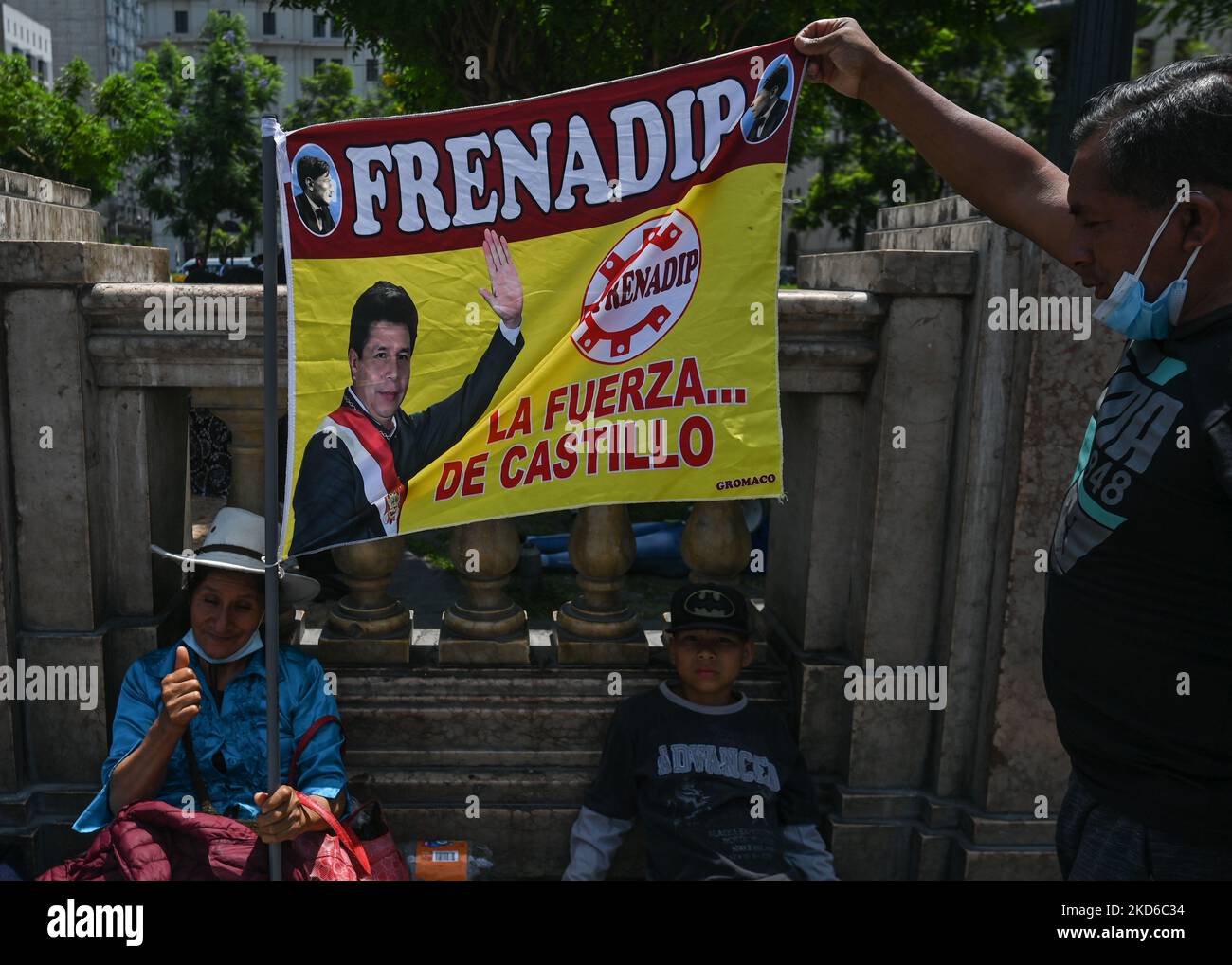 Supporters of Peruvian President Pedro Castillo seen in Saint Martin Square, in Lima city center ...