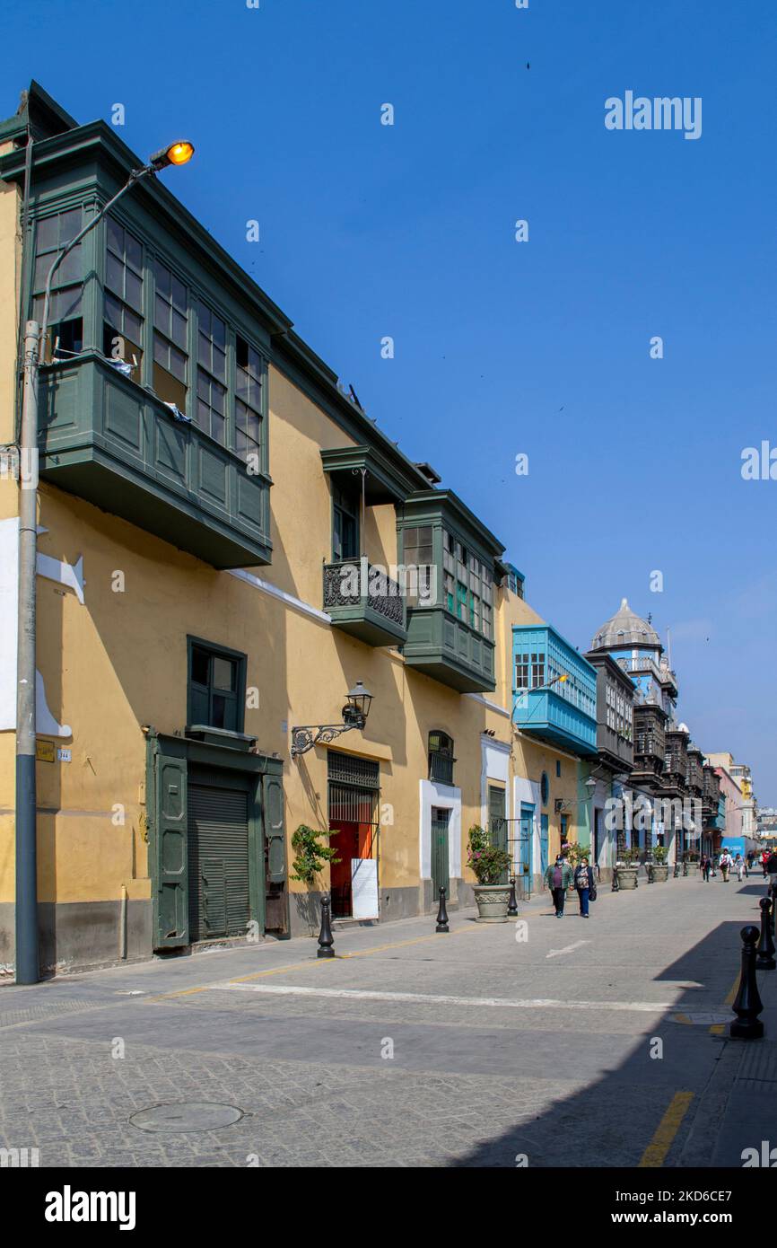A street in the historic center of Lima with its colonial balconies ...