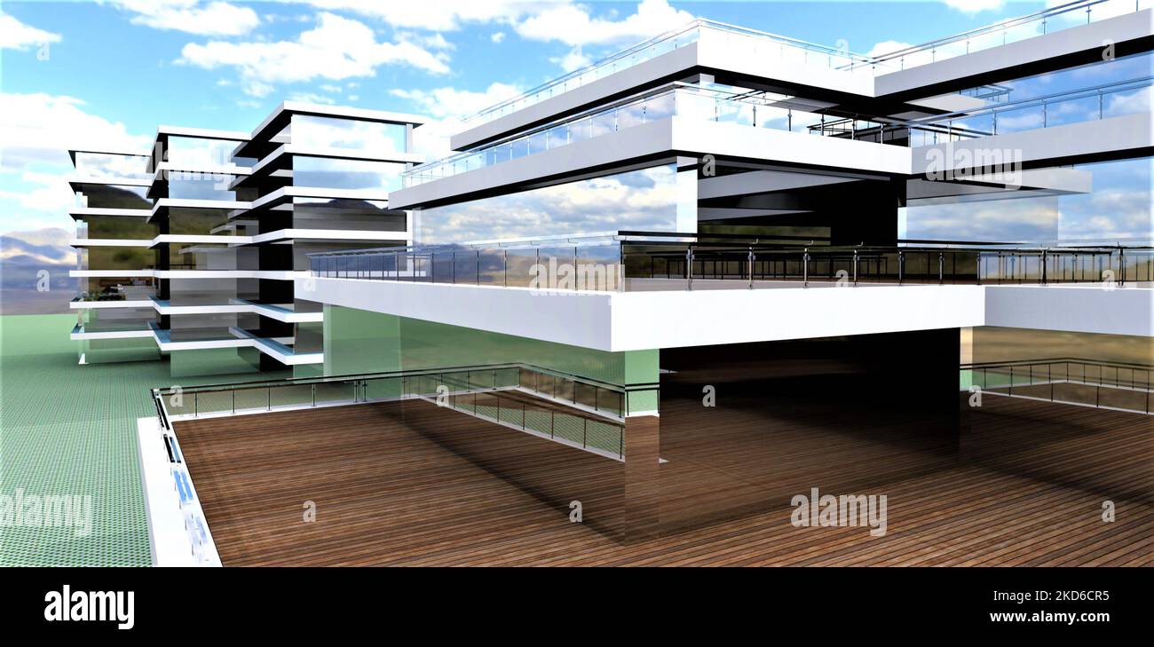 Futuristic hotel complex with open air stairs terraces and glass facade ...