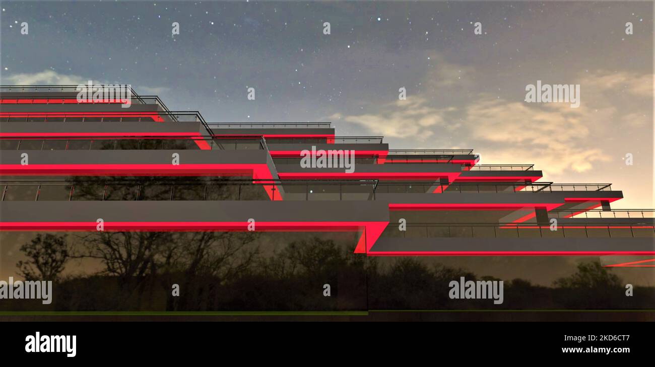 Highlighting the facade of an advanced hotel with a red LED strip ...