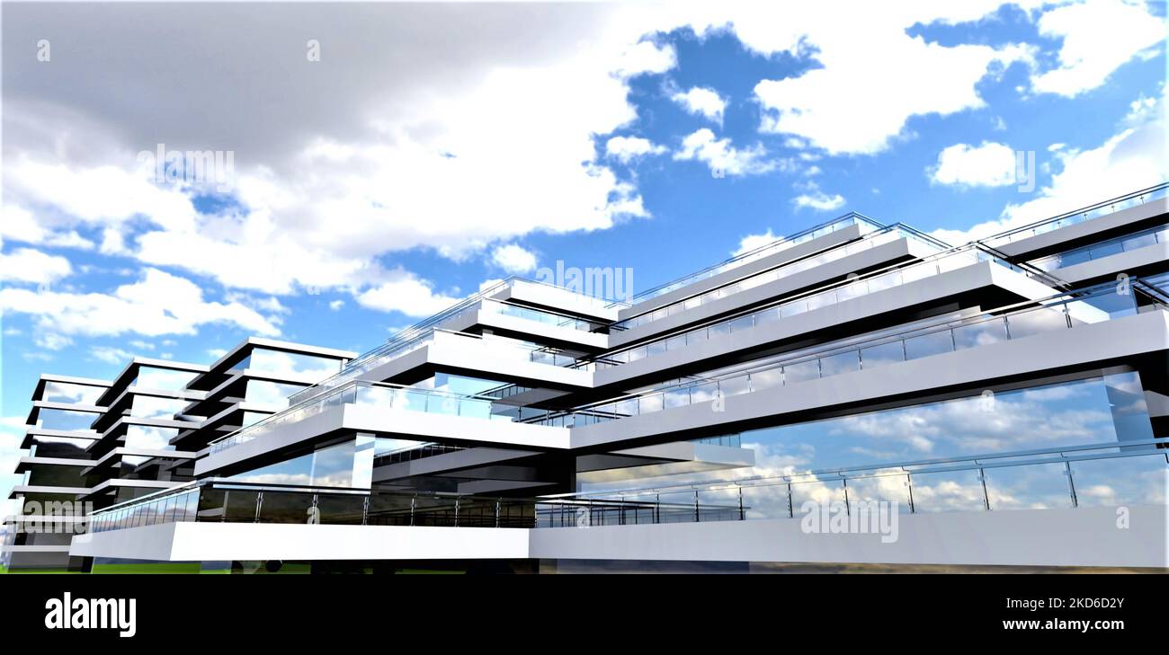 Abstract concept of a hotel complex in high-tech style. Open-type ...