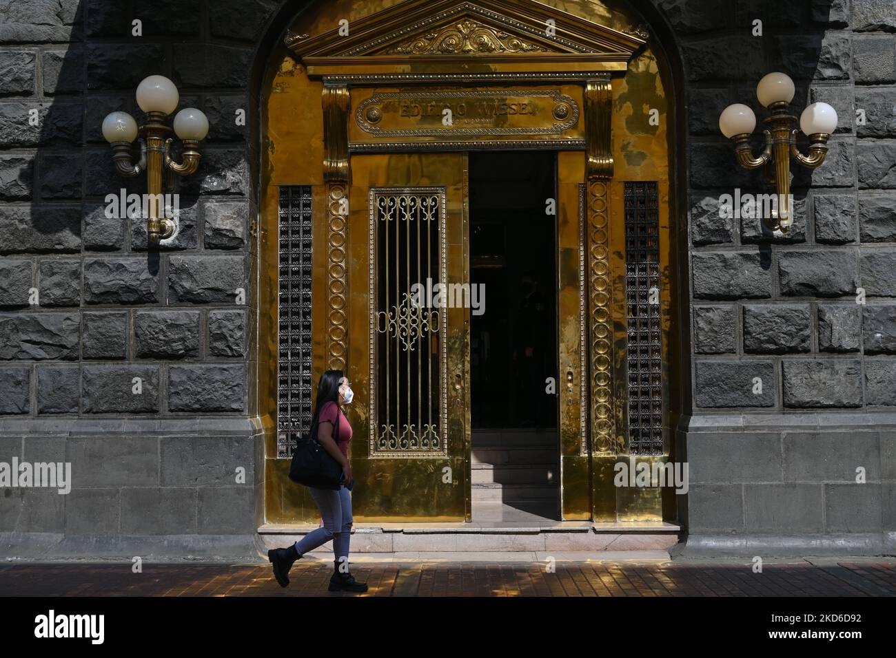 Entrance to the Wiese Building (Edificio Wiese) buit in 1923, seen in Lima city center. On ...