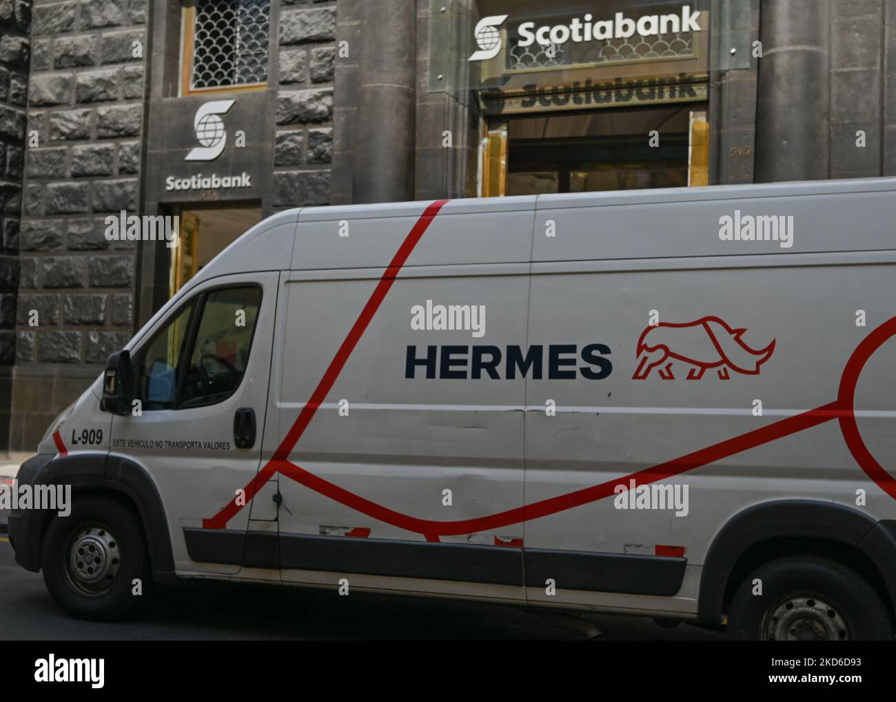 Hermes delivery van seen outside Scotiabank in Lima city center. On ...
