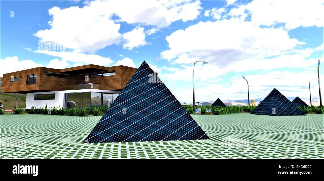 A network of pyramids covered with solar cells. Batteries, controllers ...