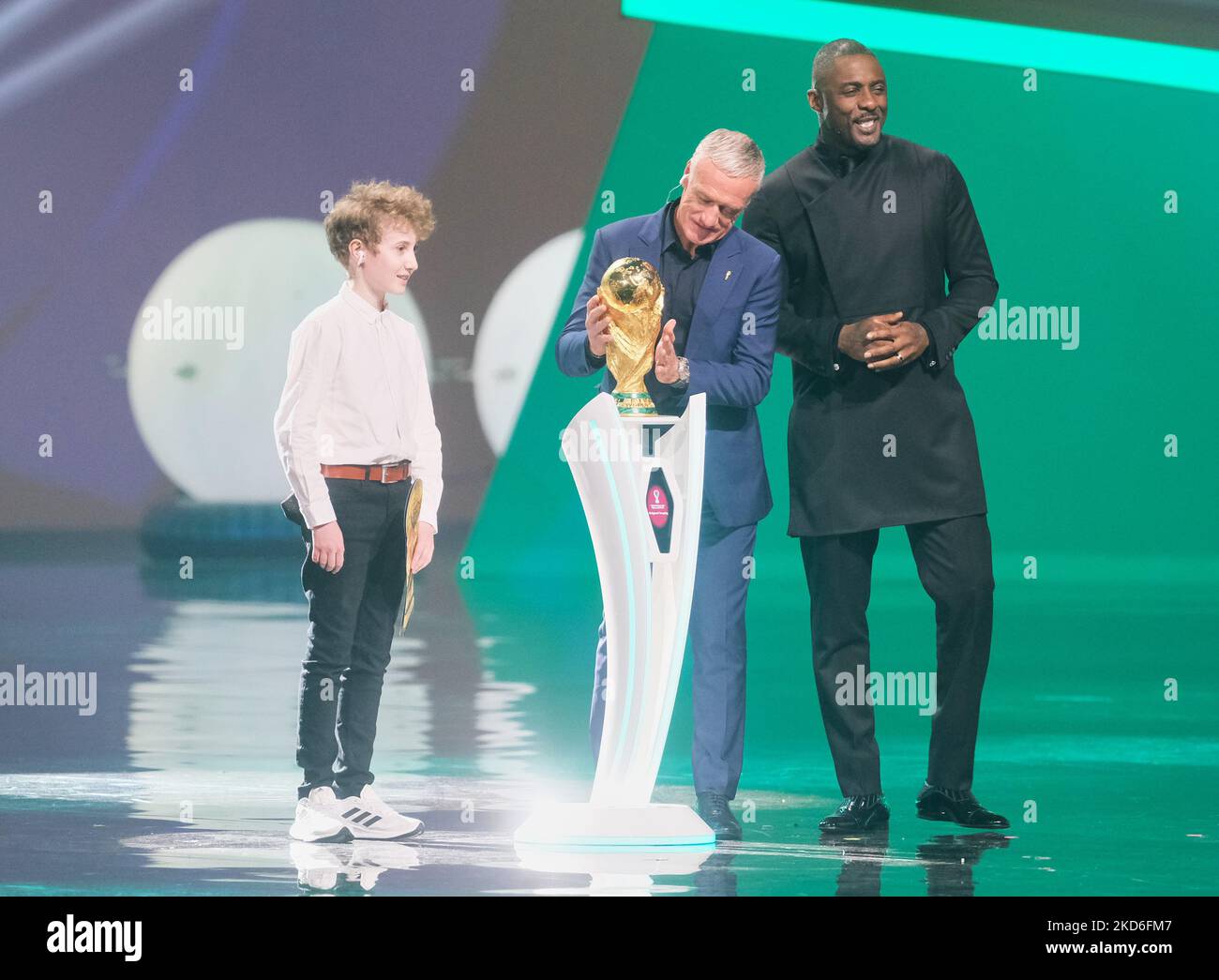 Didier Deschamps, Head Coach of France and Idris Elba talk on stage as ...