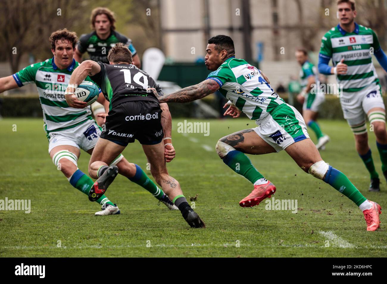 John Porch (Connacht Rugby) and Monty Ioane (Benetton Rugby) during the ...
