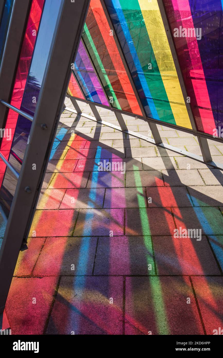 Coloured glass transmitting patterns on a tented style sculpture near ...