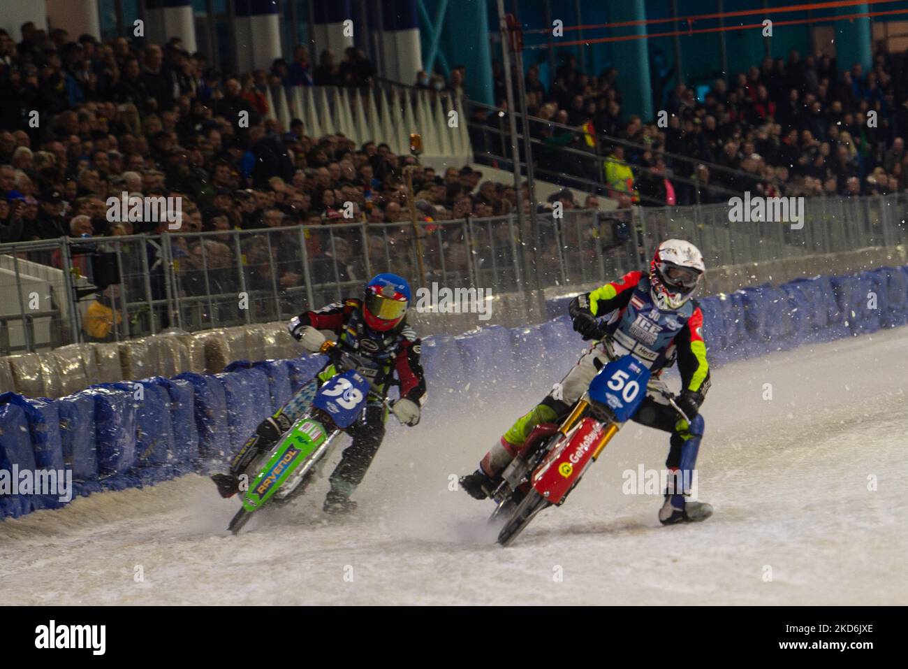 HEERENVEEN, NL. Harald Simon (50) (White) leads Johann Weber (33) (Blue ...