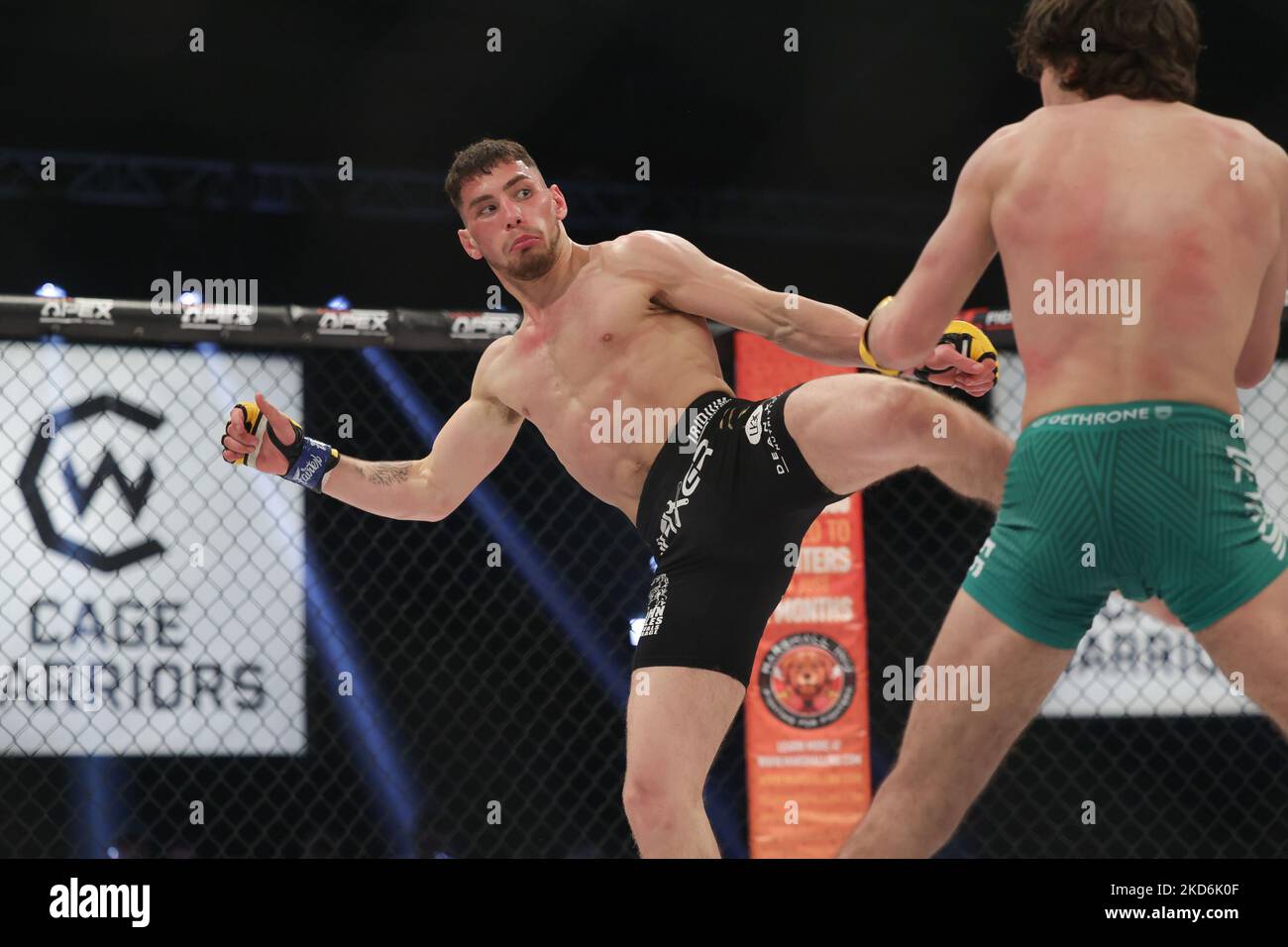 Jack Eglin kicks Luke Riley during the Cage Warriors 136 event at the ...
