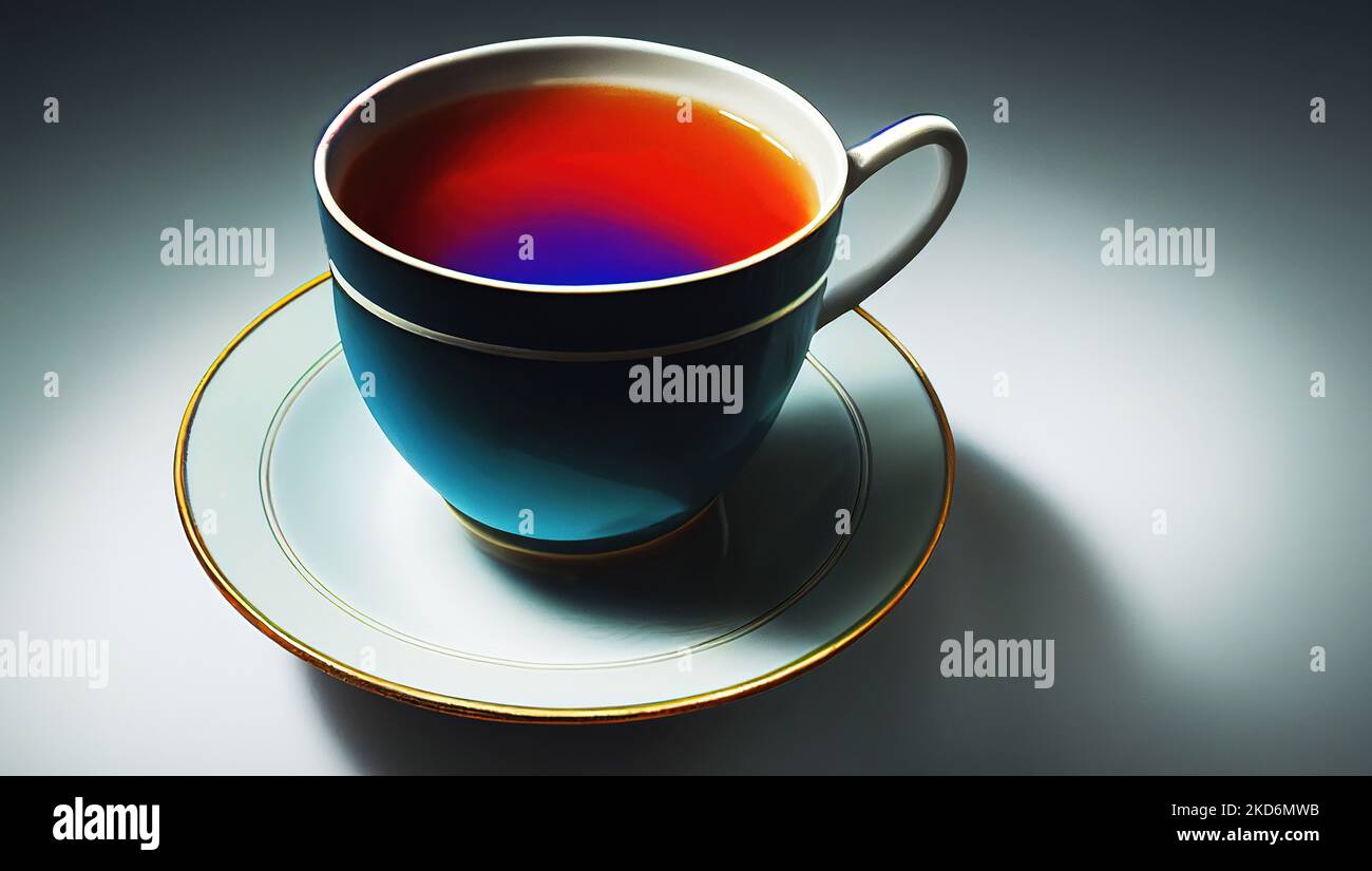 The top view of a cup of black tea on a white plate over the white ...